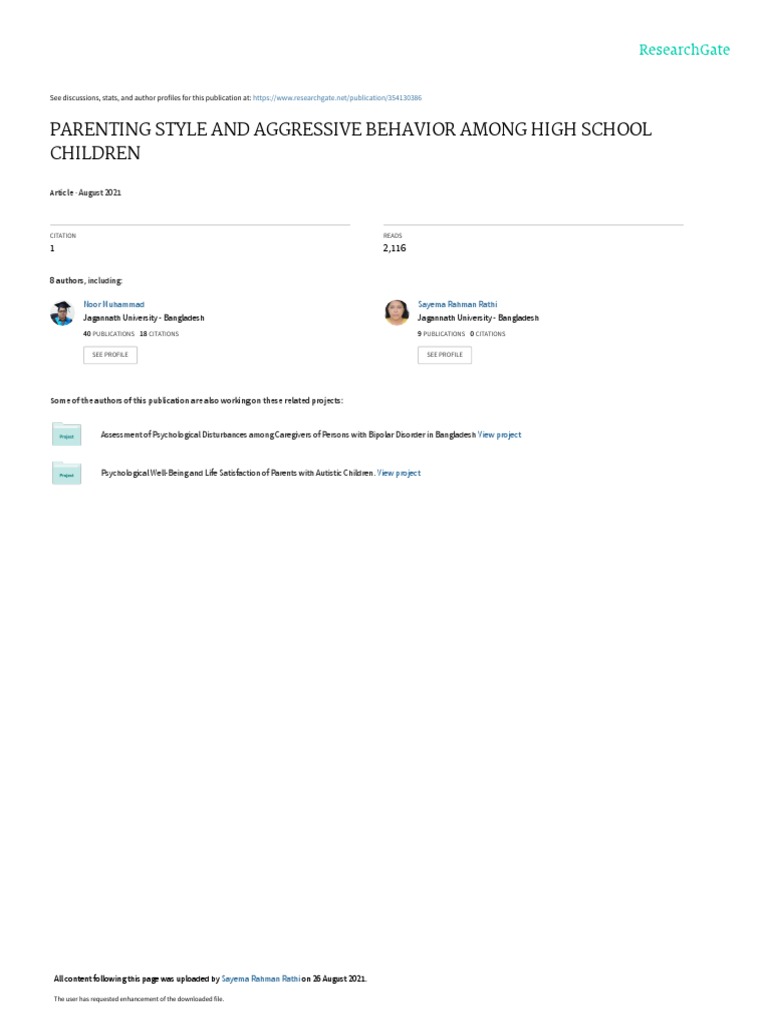 Parenting Styleand Aggressive Behavioramong High School Children 0000 ...