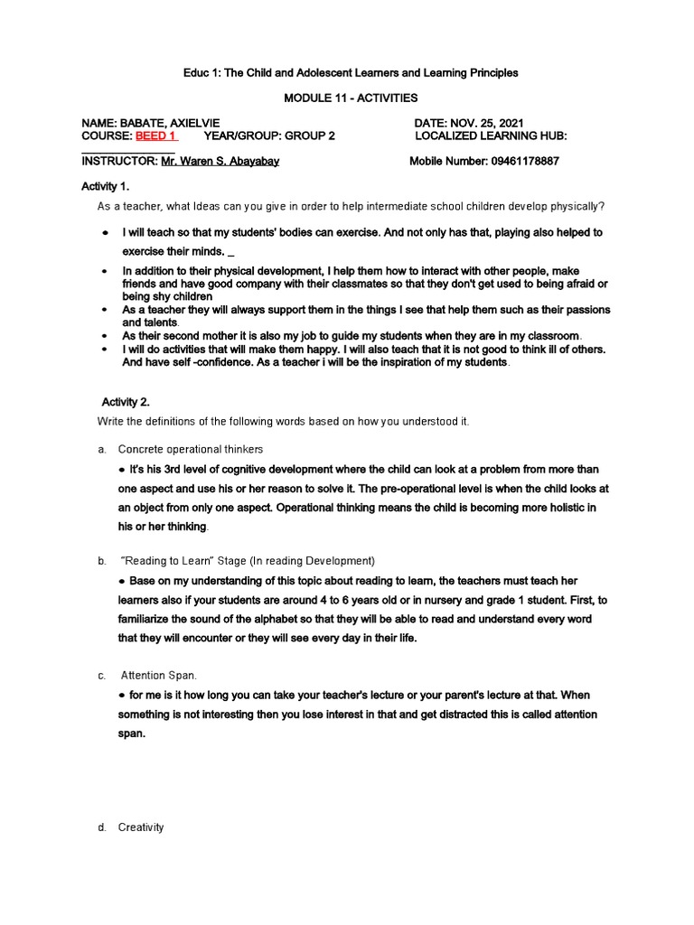 Educ 1 Module 11 Activity | PDF | Learning | Thought