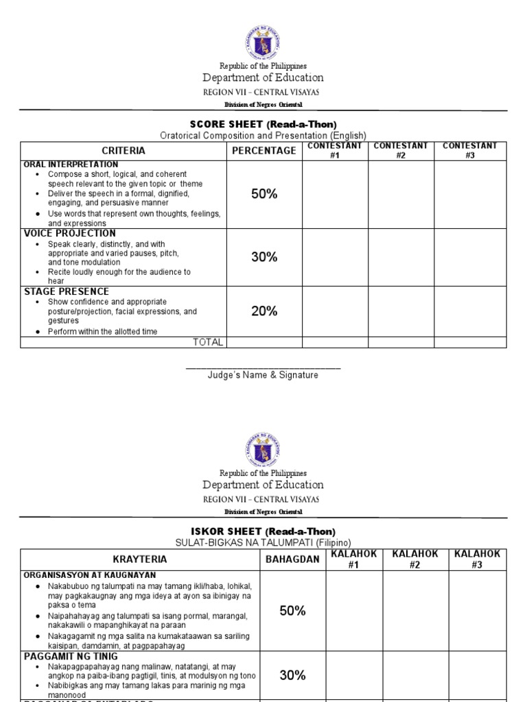 SCORE SHEET IN FILIPINO NFOT | PDF | Communication | Linguistics