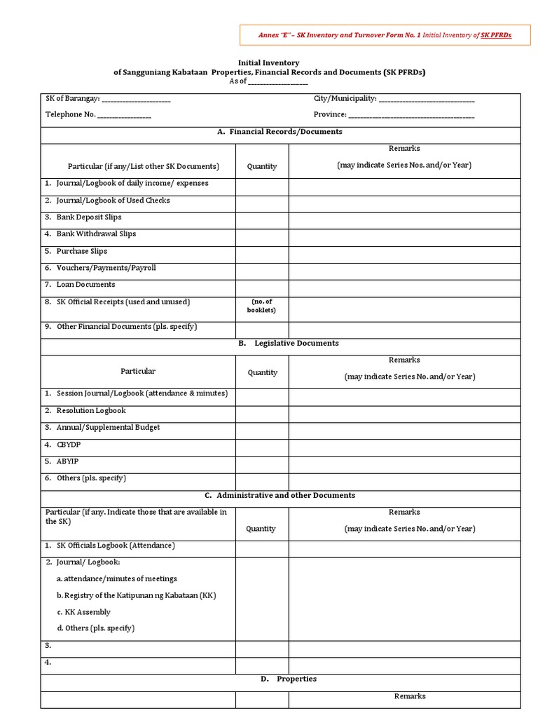 SK Initial Inventory and Turnover Form | PDF