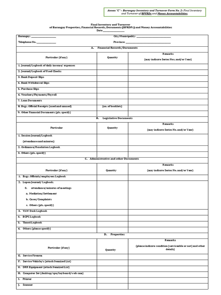 Annex C - Barangay Inventory and Turnover Form No. 2 Final Inventory ...