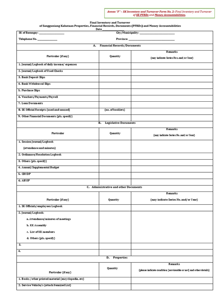 Annex "F" - SK Inventory and Turnover Form No. 2 Final Inventory and ...