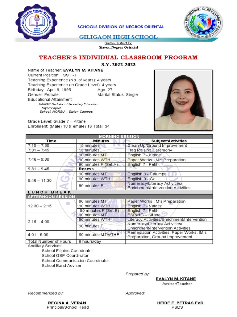 Ms. Evalyn M. Kitane's Individual Classroom Program for Teaching ...