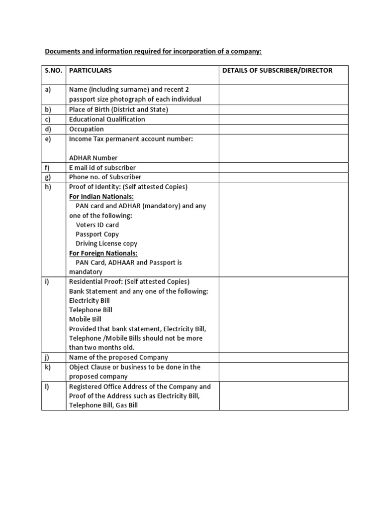 Company Incorporation Document Checklist | PDF | Social Science