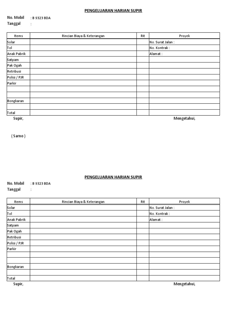 Form Harian Supir | PDF