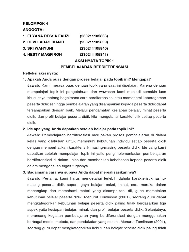 Aksi Nyata Topik 1 Pembelajaran Berdiferensiasi Kelompok 4 | PDF