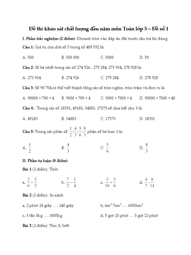 De Khao Sat Chat Luong Dau Nam Mon Toan Lop 5 de 1 | PDF
