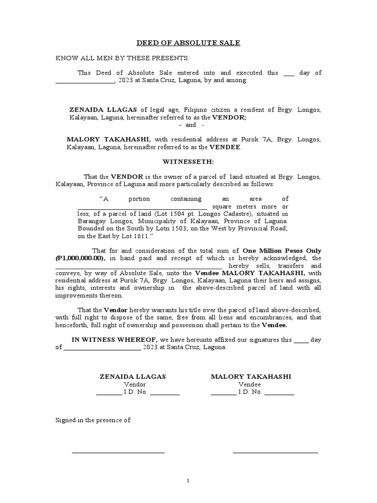 Deed of Absolute Sale in Laguna | PDF | Land Law | Legal Documents