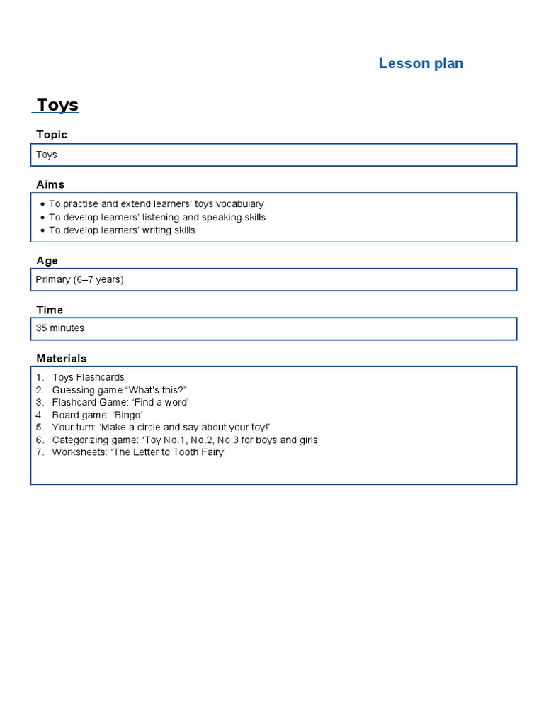 Teaching Kids Lesson Plan Toys | PDF | Flashcard | Lesson Plan