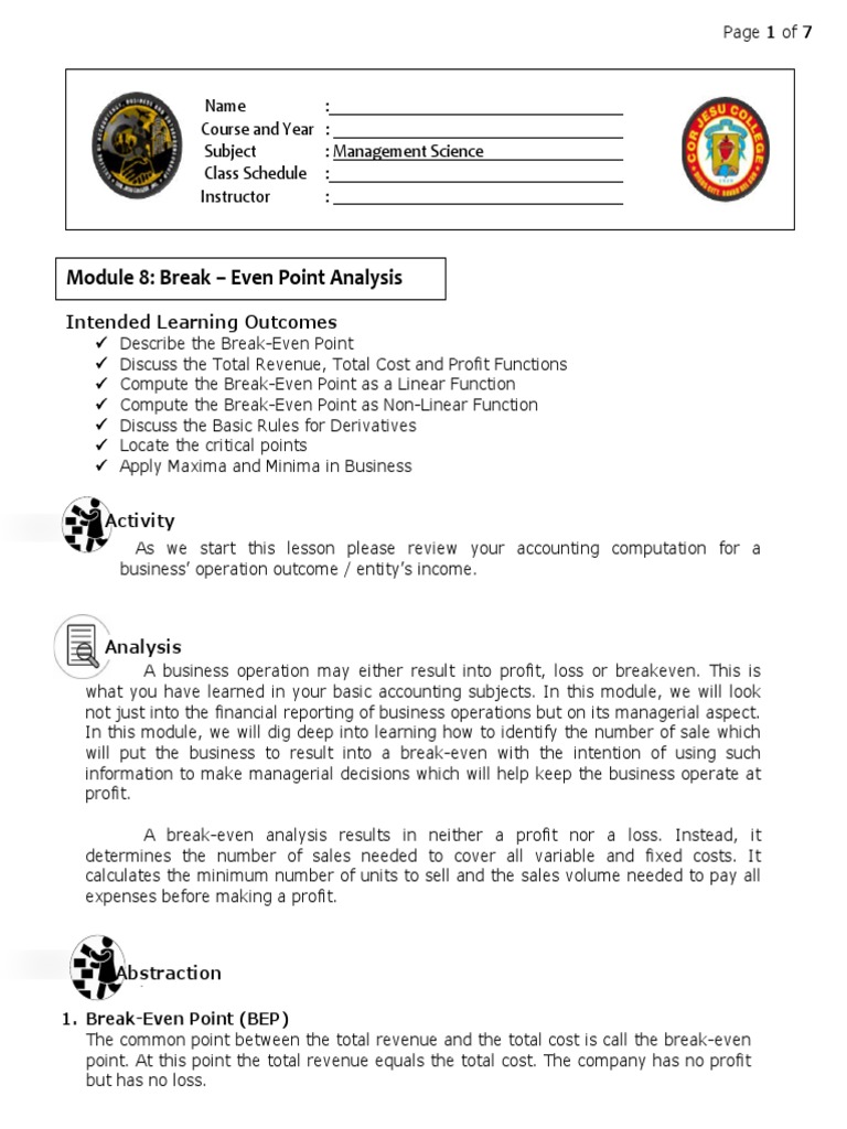 Management Science Module 8 - Break - Even Point Analysis | PDF | Business Economics | Economies