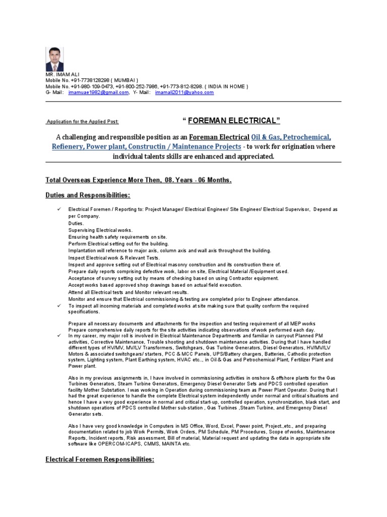 IMAM Foreman Electrical CV 786 | PDF