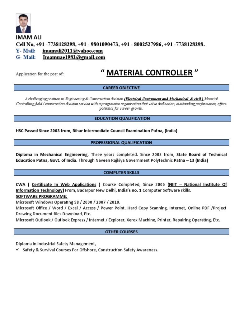 IMAM Material Controller CV | PDF