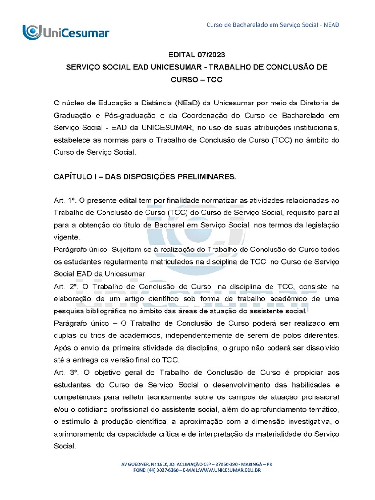 Edital TCC Unicesumar Assistente Social | PDF