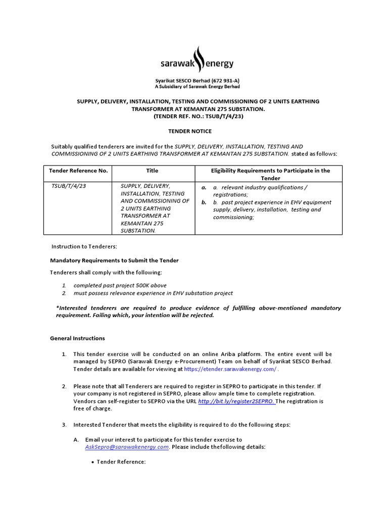 Tender Notice Template ET Kemantan Replacement-2 | PDF | Electrical ...