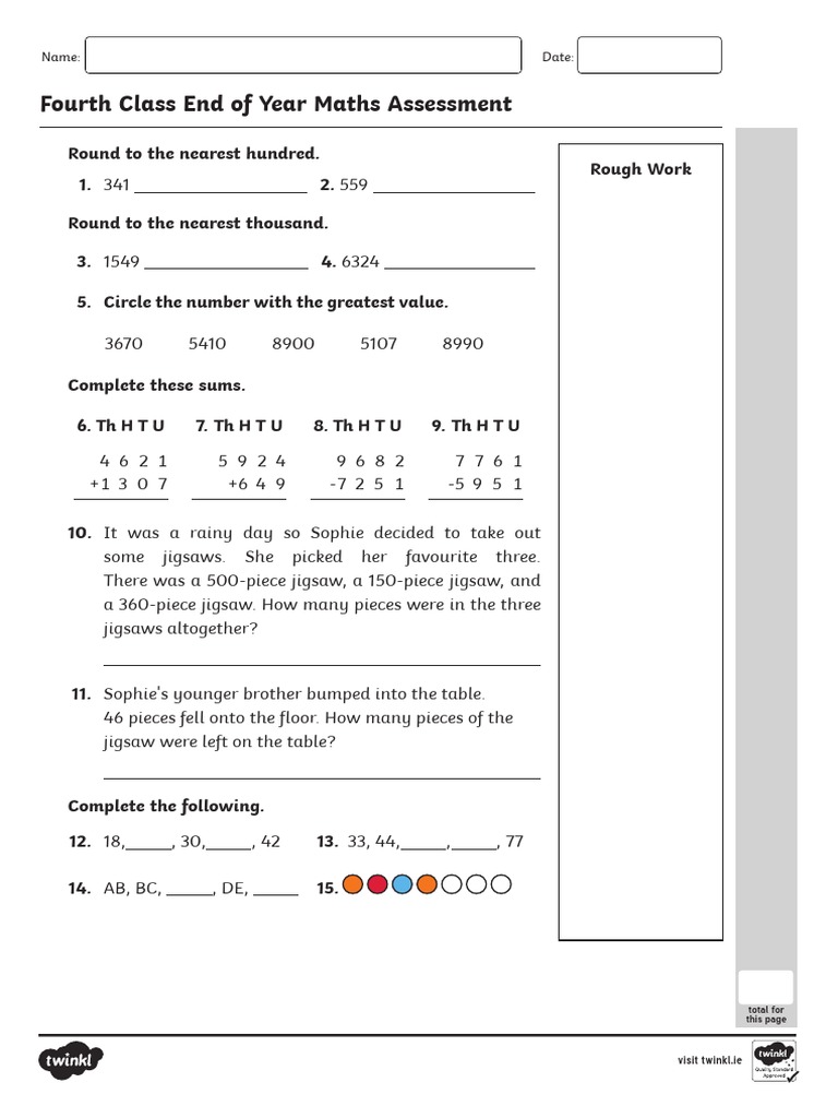 Roi2 M 304 Fourth Class End of Year Maths Assessment Sheet - Ver - 3 ...