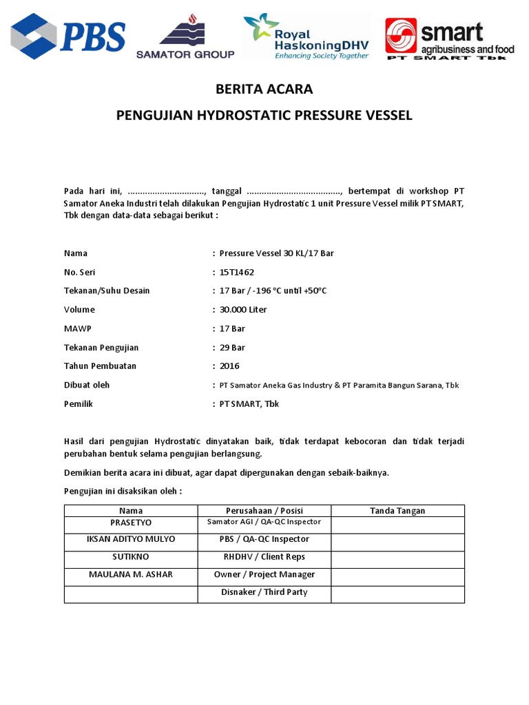 Berita Acara Pengujian Hydrotest | PDF