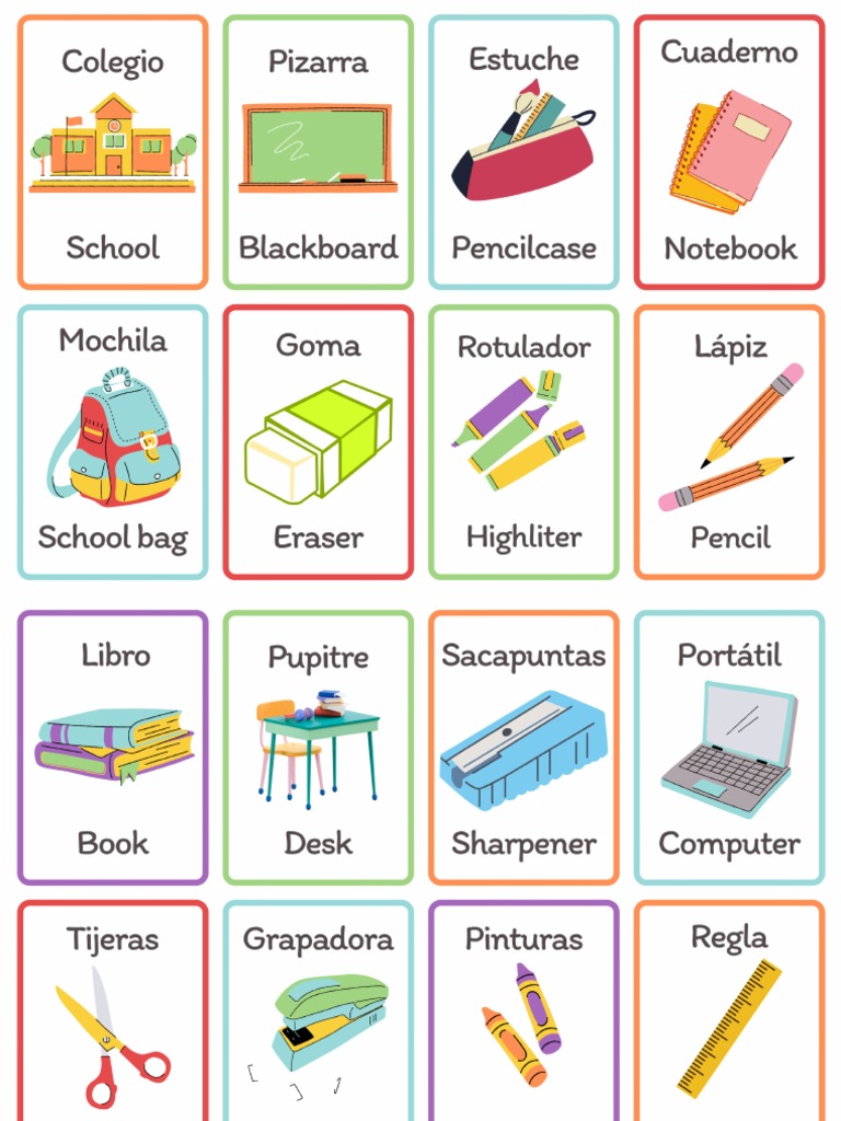 Tarjetas Material escolar en inglés | PDF