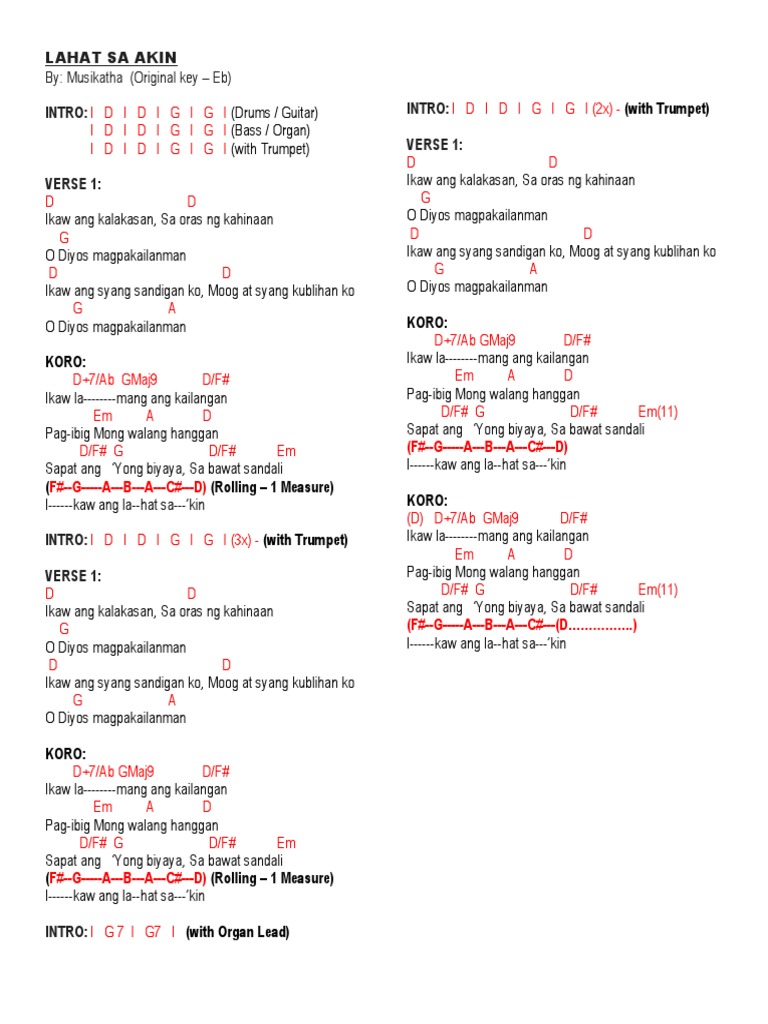 LAHAT SA AKIN - MUSIKATHA - Key of D (Female Version) | PDF