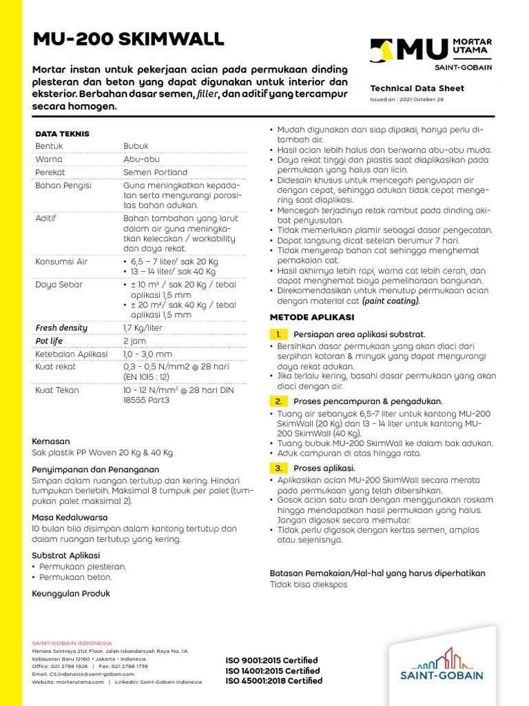 Spesifikasi dan Kegunaan MU-200 Skimwall | PDF
