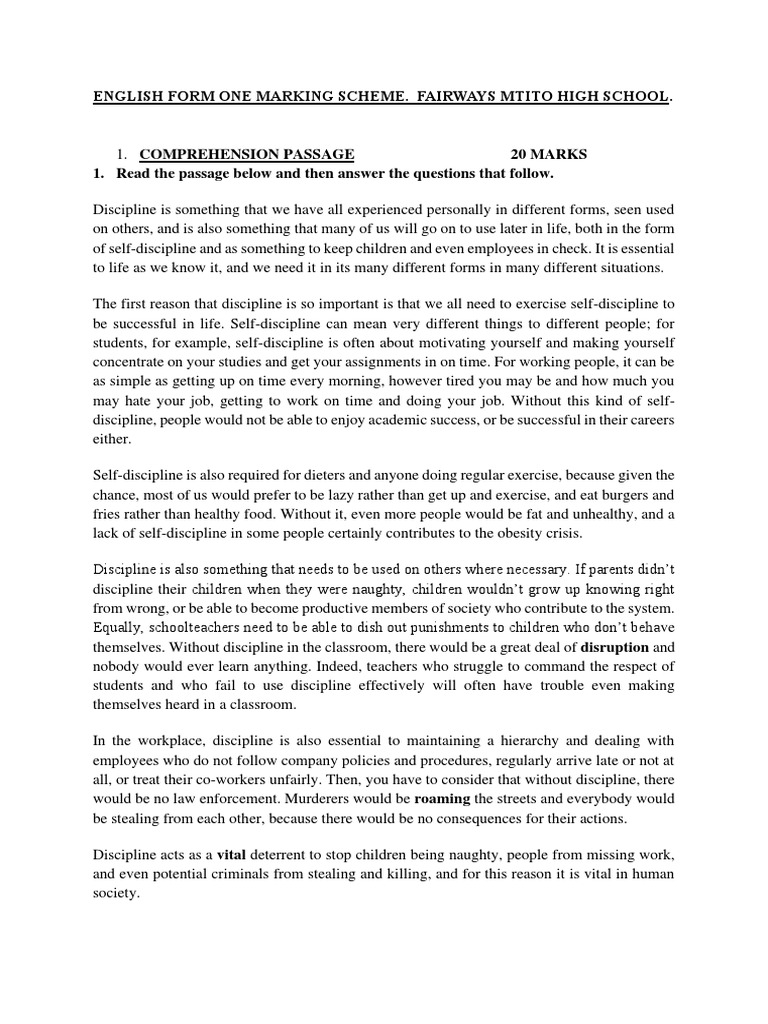 English Form One Marking Scheme PDF | PDF
