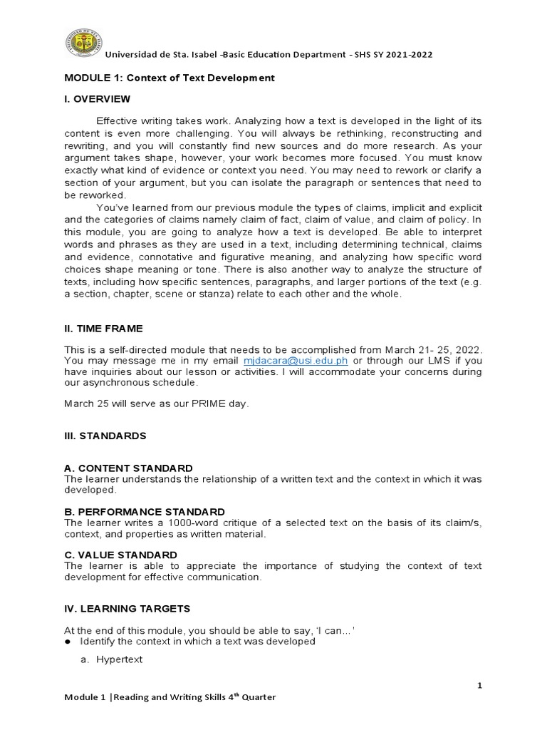 4th Quarter Module 1 Context of Text Development | PDF | Intertextuality | Linguistics