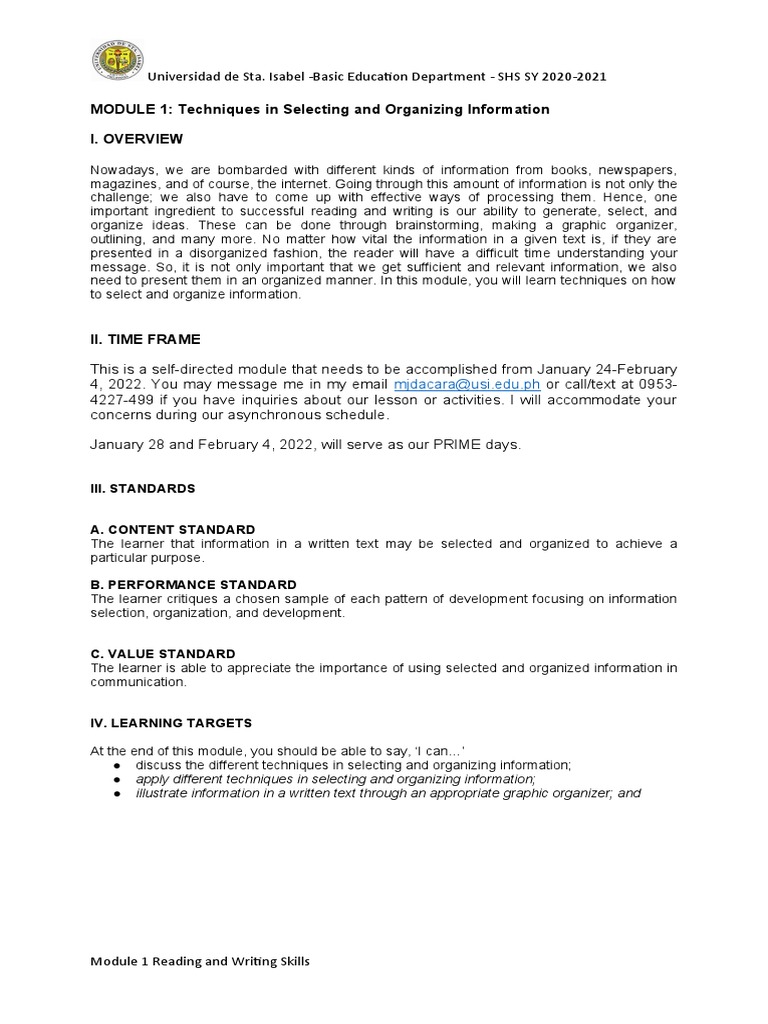 3rd Quarter Module 1 Selecting and Organizing Information | PDF ...