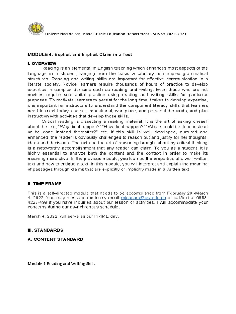 3rd Quarter Module 4 Explicit and Implicit Claims in A Text | PDF | Argument | Literacy