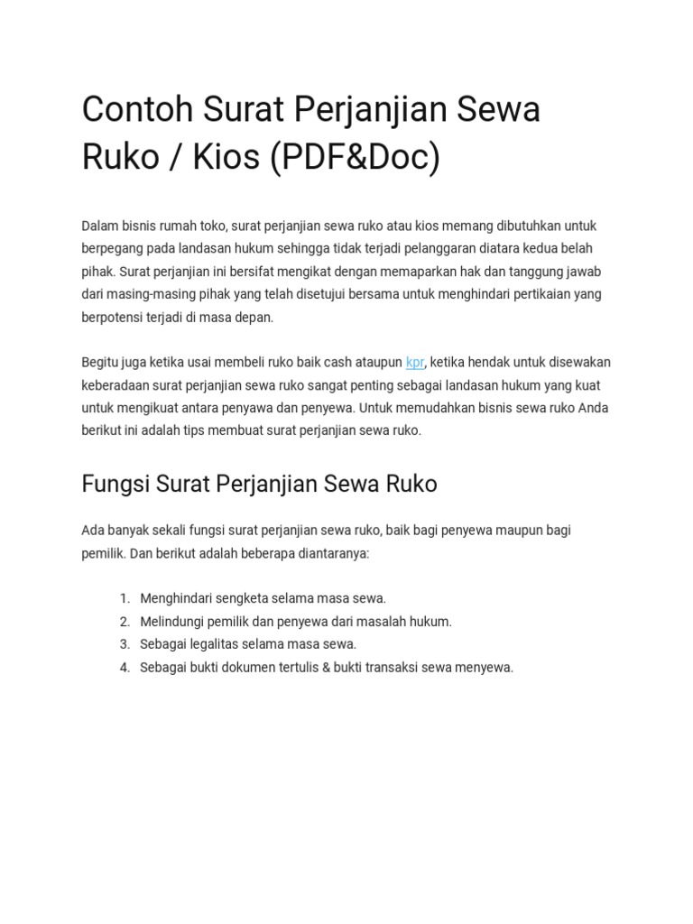 Contoh Surat Perjanjian Sewa Ruko Docx Pdf