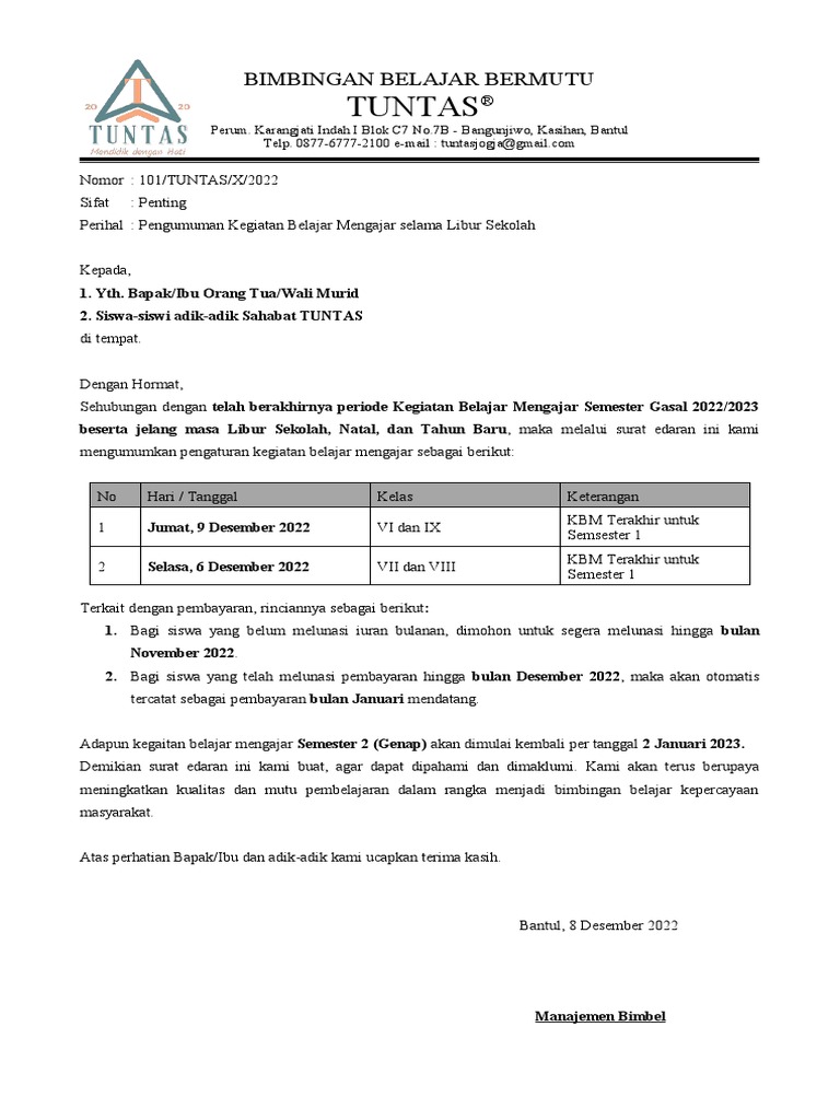 Contoh Surat Edaran Sekolah Pengumuman Libur Karena Ujian Sekolah | PDF