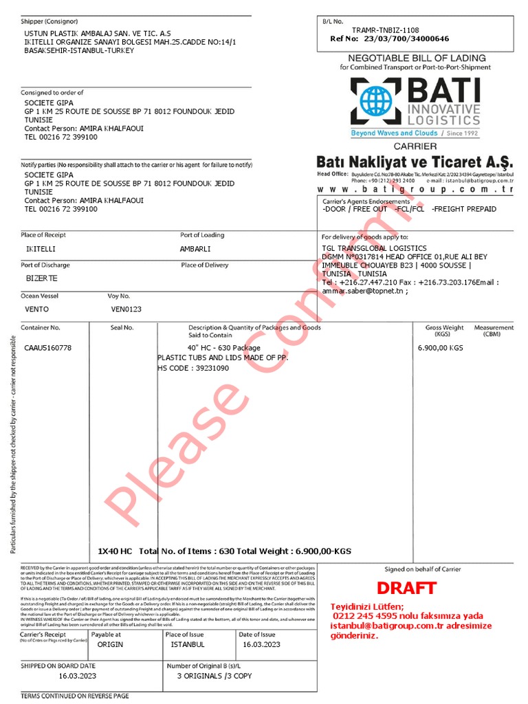 Document Providing Shipping Details for a Plastic Products Shipment ...