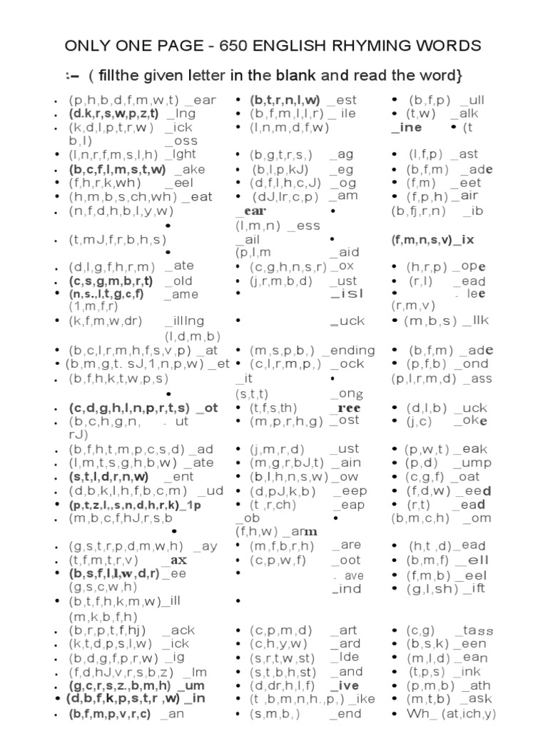 650 English Rhyming Words List | PDF