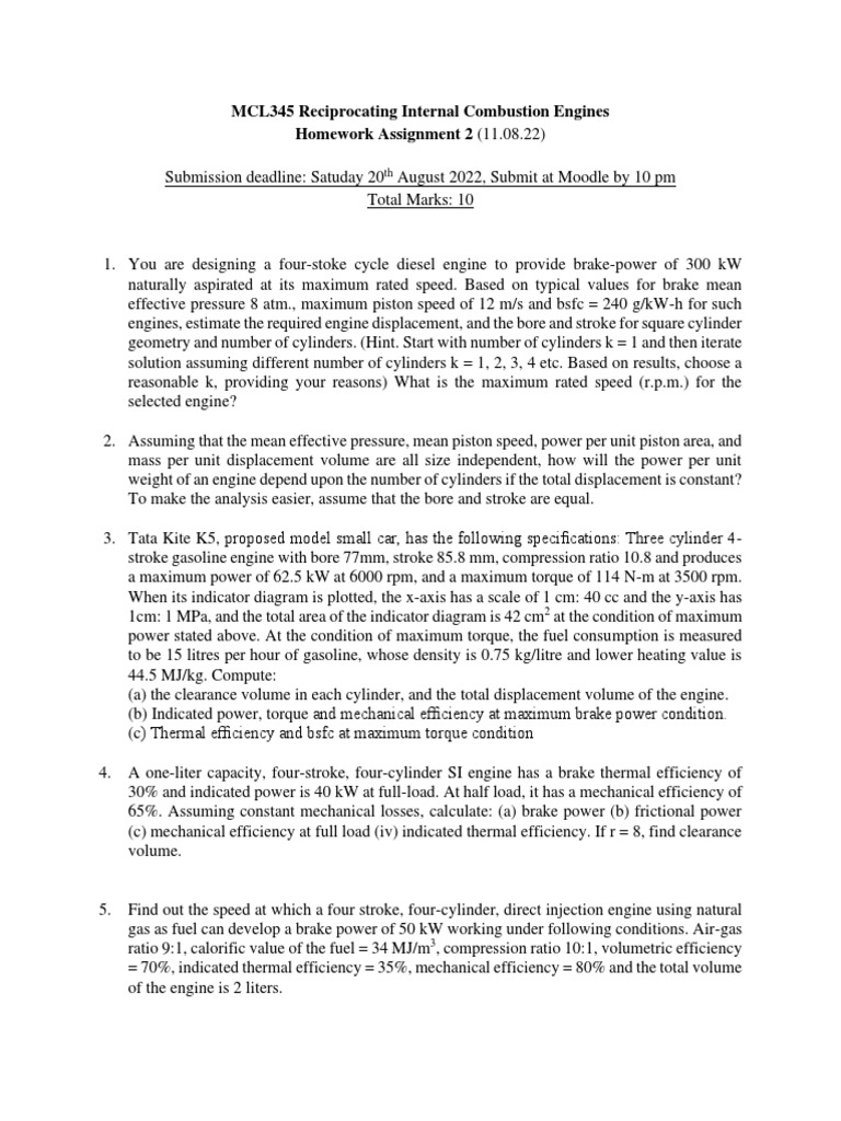 MCL345 Reciprocating Engine Homework on Displacement, Power, Efficiency | PDF
