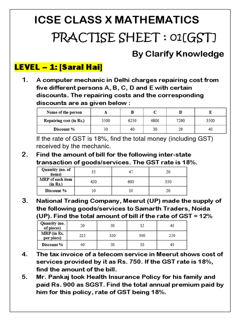 Icse Class X Maths Practise Sheet 1 GST PDF | PDF | Financial Services | Taxation