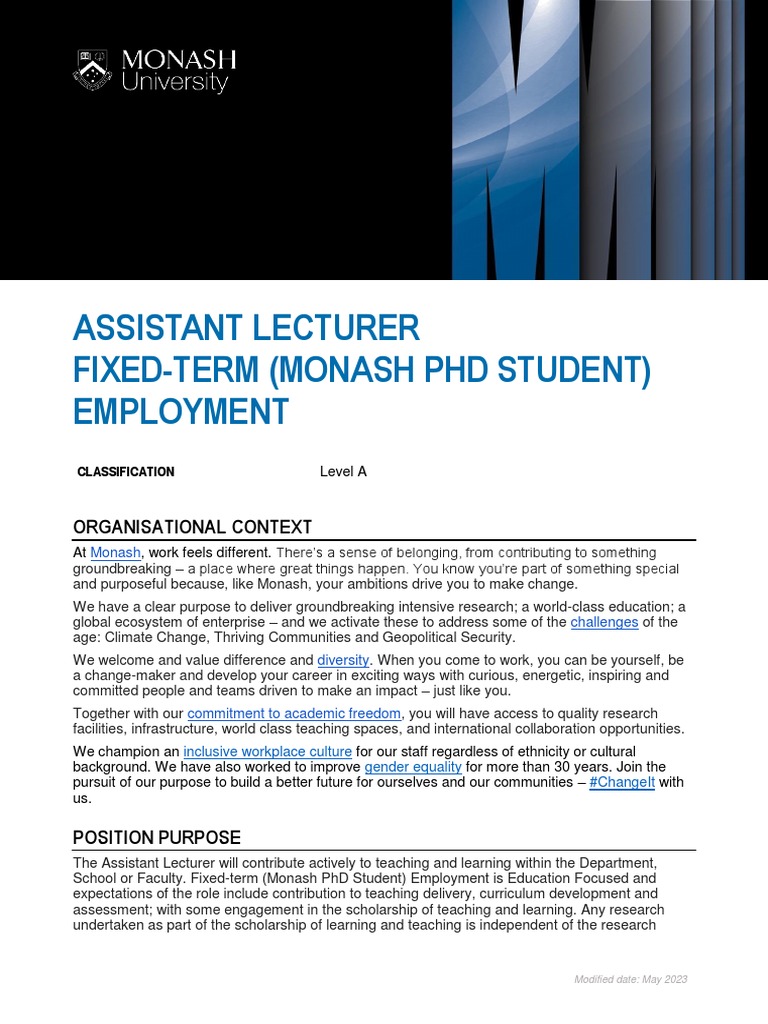 Advertised PD - Assistant Lecturer Fixed-Term (Monash PHD Student) Employment PDF | PDF | Doctor ...