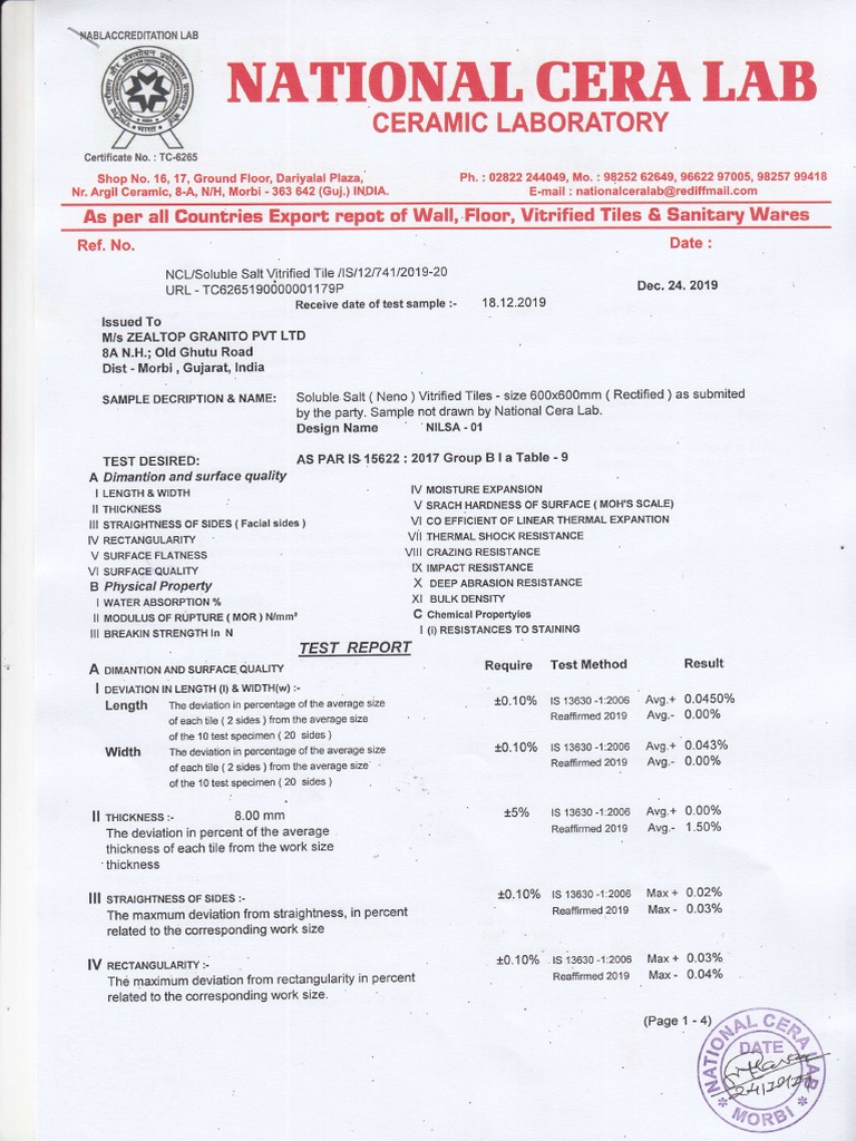 12 - National Cera Lab Test Report - 600x1200 MM - 24.12.2019 | PDF ...