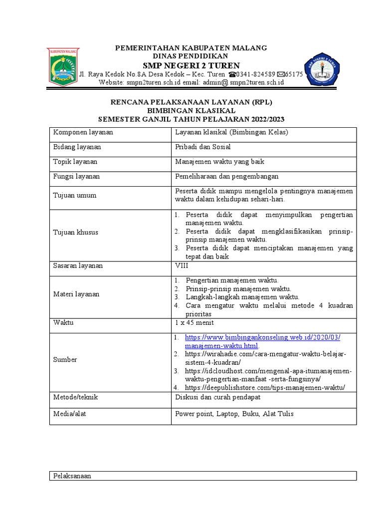 RPL BK Klasikal Kelas 8 (Manajemen Waktu Yang Baik) | PDF