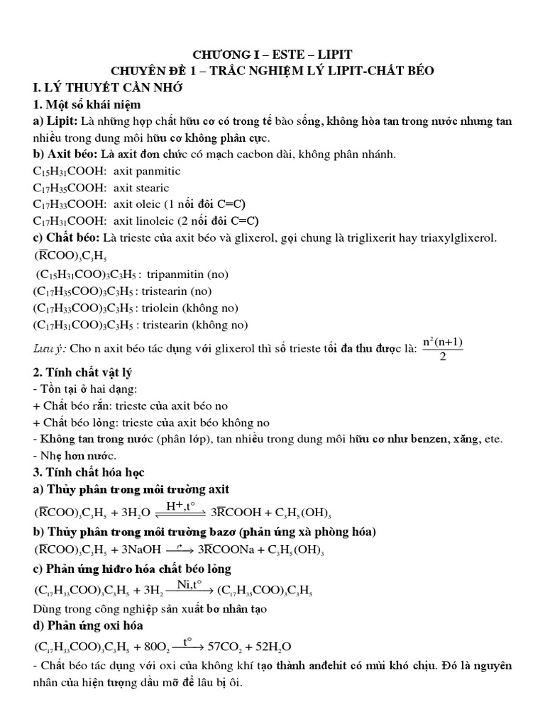Trac Nghiem Ly Thuyet Chuong 1 Este Lipit Co Loi Giai Hoa Hoc Lop 12 | PDF