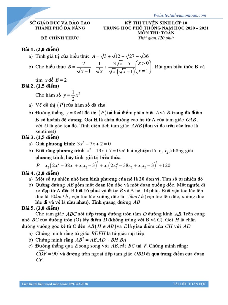 Tuyen Tap de Thi Vao Lop 10 Mon Toan Da Nang PDF | PDF
