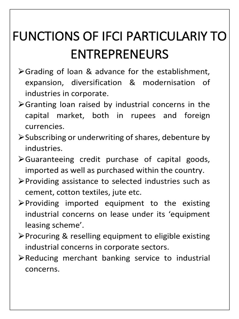 IFCI Functions for Entrepreneurs | PDF | Finance & Money Management