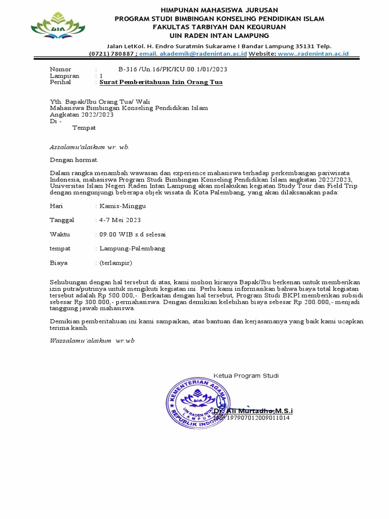 Surat Study Tour Dan Field Trip | PDF