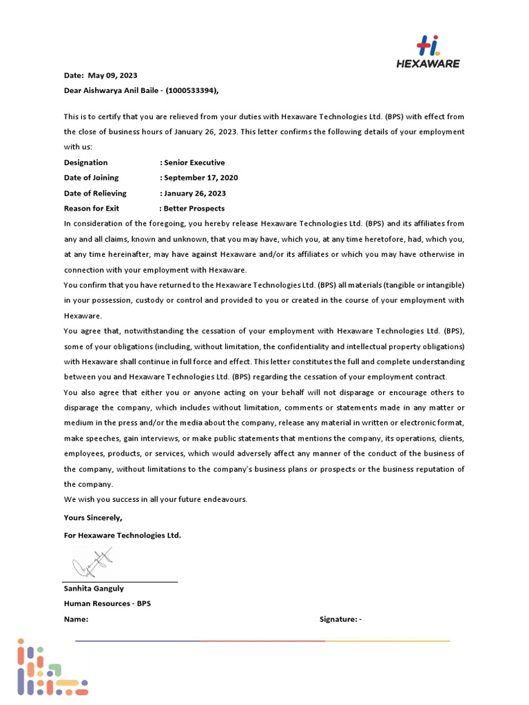 Experience Letter - Aishwarya Anil Baile | PDF