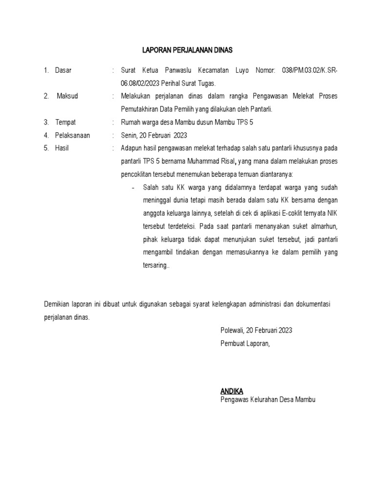 Laporan Perjalanan Dinas (Andika 20-02-2023) . | PDF