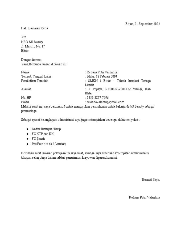 Surat Lamaran Reva MJ Beauty | PDF