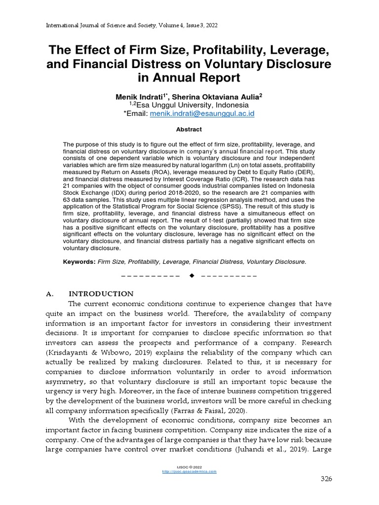 The Effect of Firm Size, Profitability, Leverage, and Financial Distress On Voluntary Disclosure ...