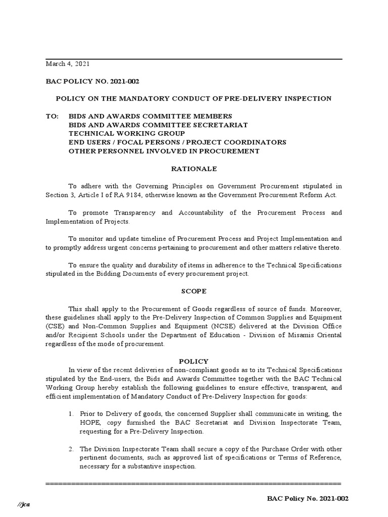 BAC policy on mandatory pre-delivery inspections | PDF | Procurement ...