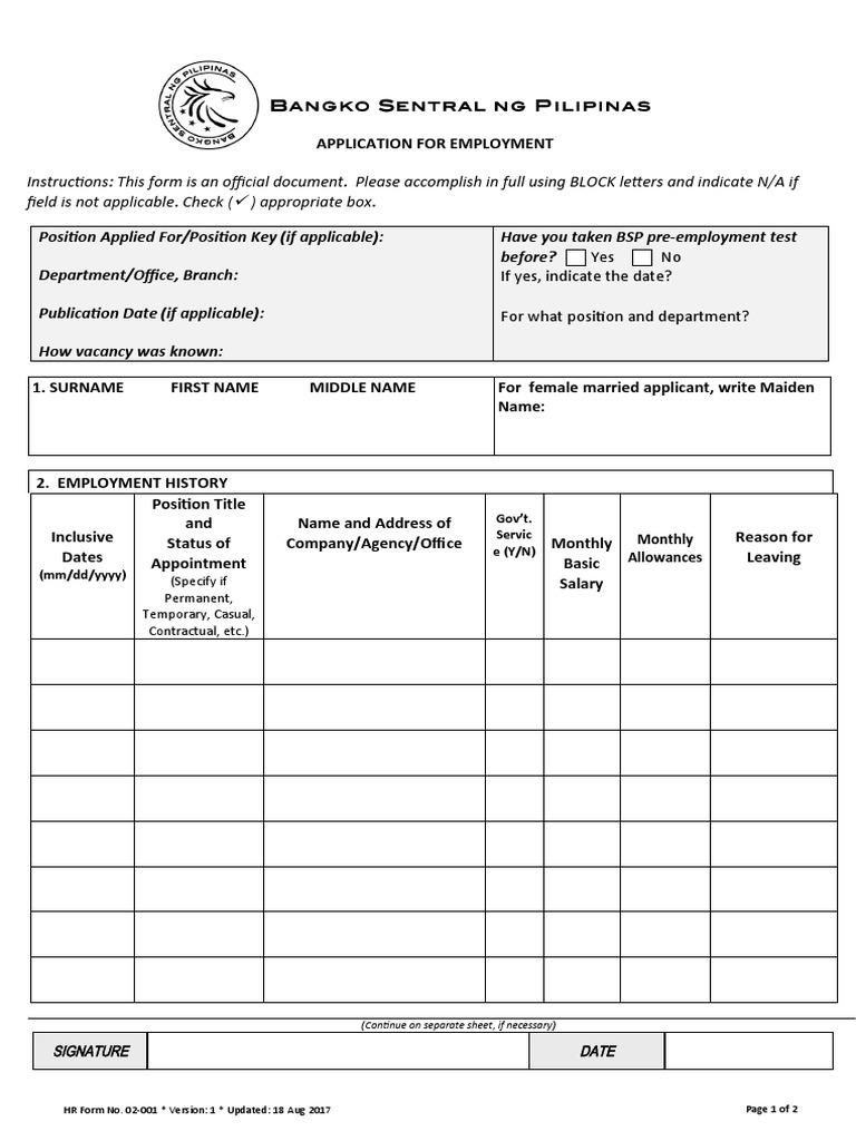 BSP Application for Employment 2.docx | PDF | Background Check | Social Institutions