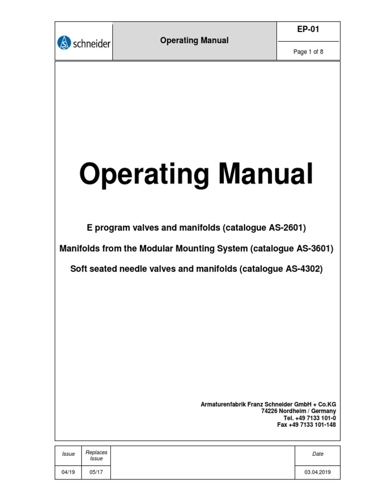 Operating Manual for E Program Valves and Manifolds: Instructions for ...