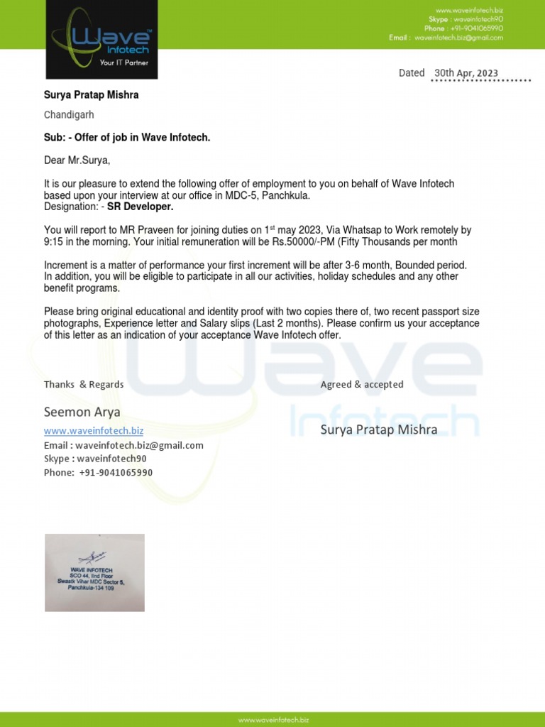 Wave Infotech Job Offer for Surya Mishra | PDF