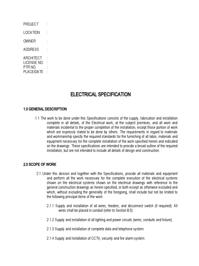 Electrical Specification | PDF | Electrical Wiring | Wire
