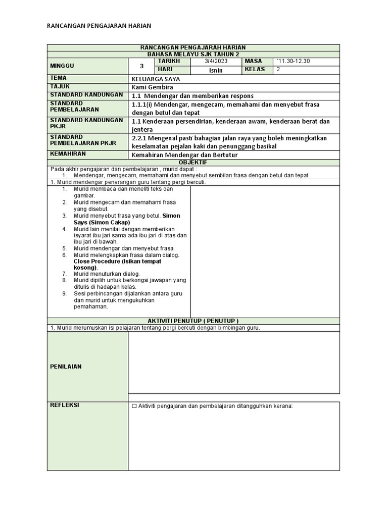 RPH Minggu 2 BM SJK THN 2 by Cikgu Gorgeous | PDF